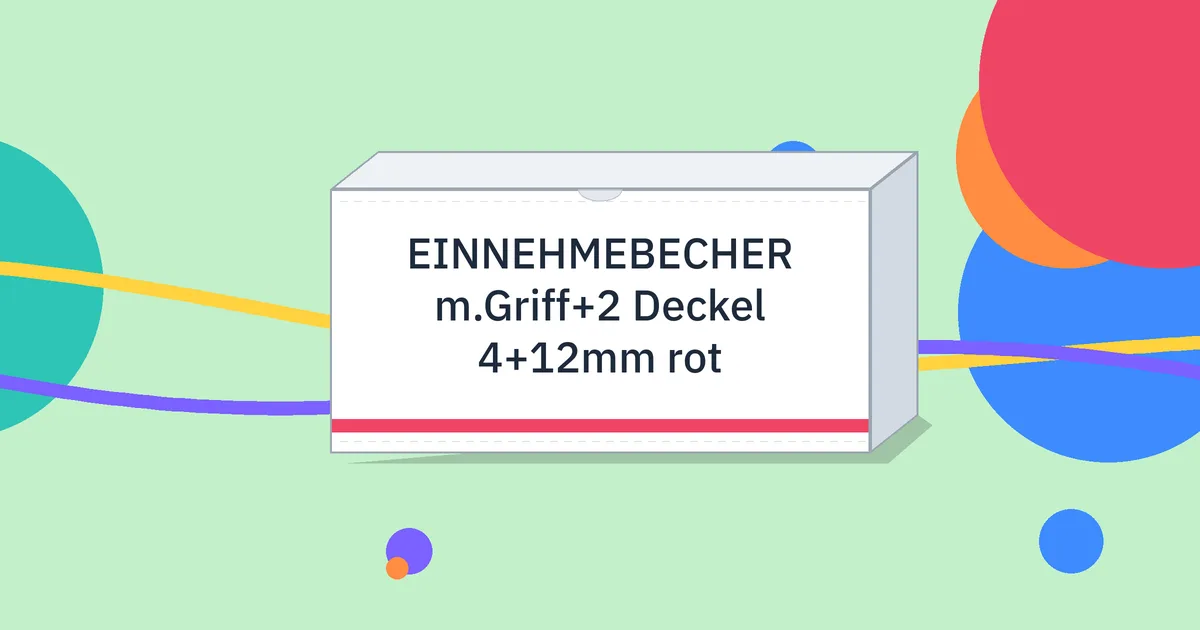 Symbolbild: Packung mit der Aufschrift EINNEHMEBECHER m.Griff+2 Deckel 4+12mm rot (PZN 09424003) – Verfügbarkeit und Bezug in Apotheken in Frankfurt am Main