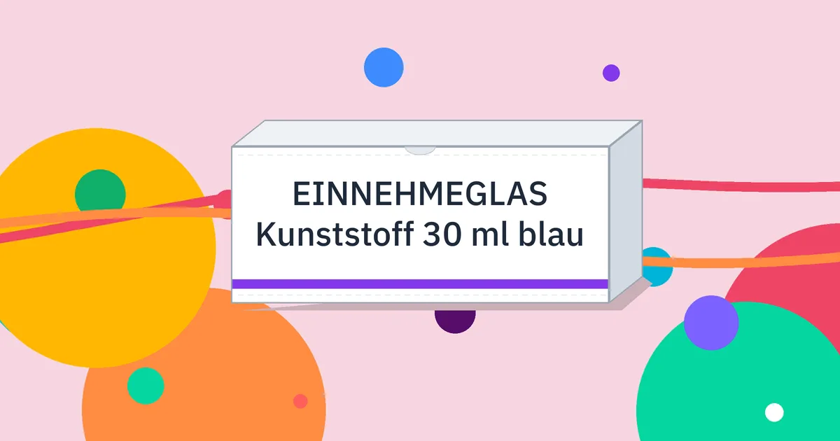 Symbolbild: Packung mit der Aufschrift EINNEHMEGLAS Kunststoff 30 ml blau (PZN 02771492) – Verfügbarkeit und Bezug in Apotheken in Frankfurt am Main