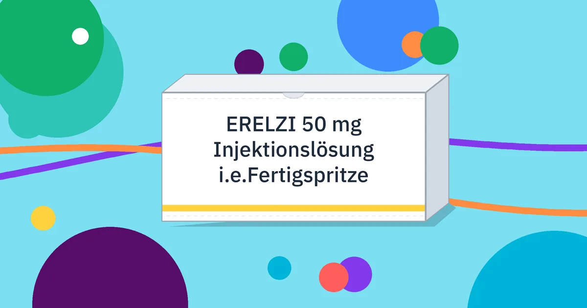 Symbolbild: Packung mit der Aufschrift ERELZI 50 mg Injektionslösung i.e.Fertigspritze (PZN 17848421) – Verfügbarkeit und Bezug in Apotheken in Frankfurt am Main