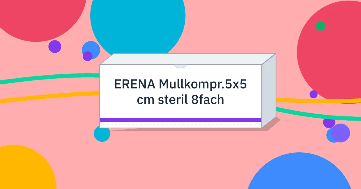 Symbolbild: Packung mit der Aufschrift ERENA Mullkompr.5x5 cm steril 8fach (PZN 03305332) – Verfügbarkeit und Bezug in Apotheken in Frankfurt am Main