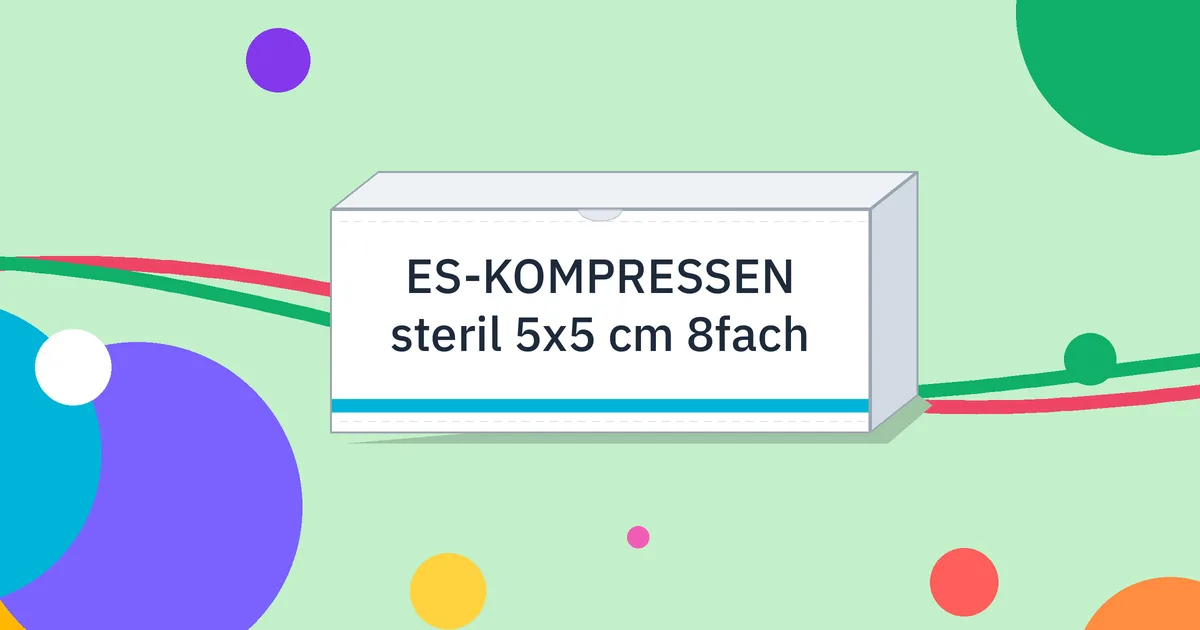 Symbolbild: Packung mit der Aufschrift ES-KOMPRESSEN steril 5x5 cm 8fach (PZN 18376846) – Verfügbarkeit und Bezug in Apotheken in Frankfurt am Main