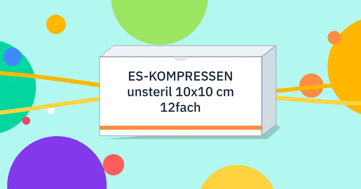 Symbolbild: Packung mit der Aufschrift ES-KOMPRESSEN unsteril 10x10 cm 12fach (PZN 12559563) – Verfügbarkeit und Bezug in Apotheken in Frankfurt am Main