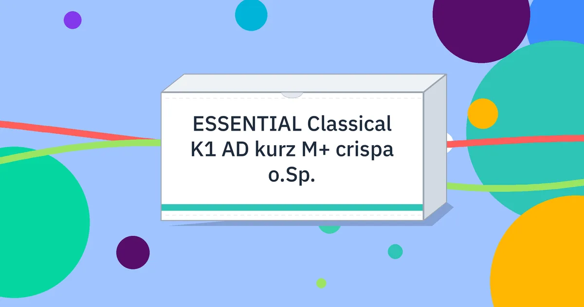 Symbolbild: Packung mit der Aufschrift ESSENTIAL Classical K1 AD kurz M+ crispa o.Sp. (PZN 17000926) – Verfügbarkeit und Bezug in Apotheken in Frankfurt am Main