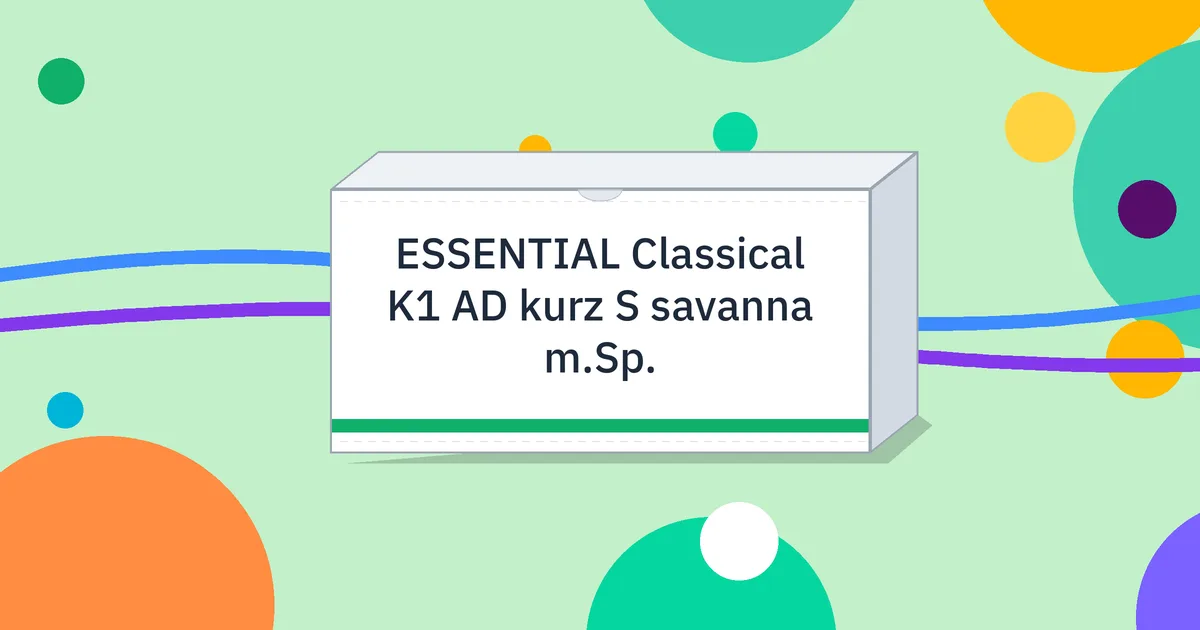 Symbolbild: Packung mit der Aufschrift ESSENTIAL Classical K1 AD kurz S savanna m.Sp. (PZN 16999767) – Verfügbarkeit und Bezug in Apotheken in Frankfurt am Main