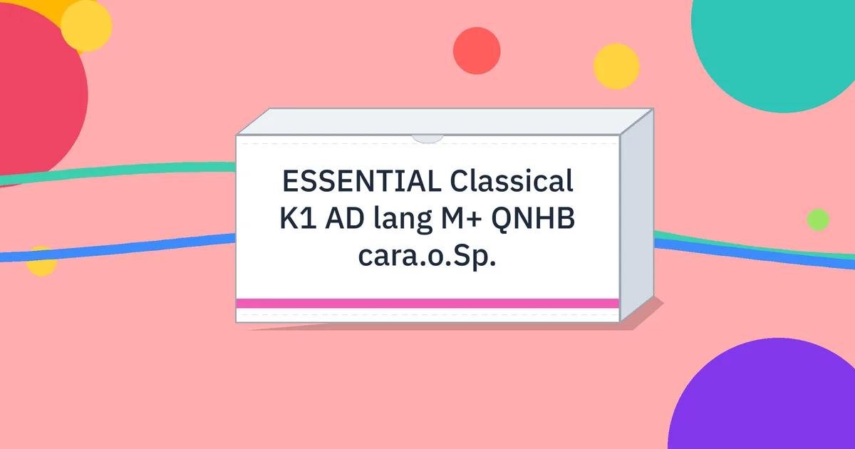 Symbolbild: Packung mit der Aufschrift ESSENTIAL Classical K1 AD lang M+ QNHB cara.o.Sp. (PZN 18866326) – Verfügbarkeit und Bezug in Apotheken in Frankfurt am Main