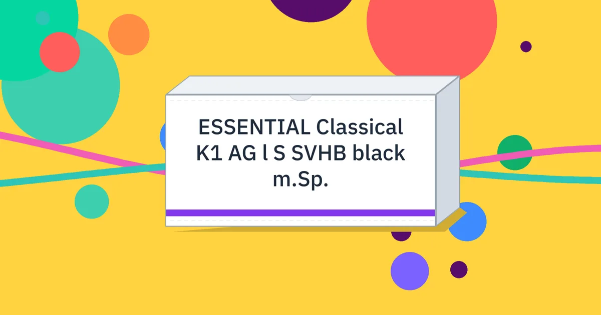 Symbolbild: Packung mit der Aufschrift ESSENTIAL Classical K1 AG l S SVHB black m.Sp. (PZN 18421067) – Verfügbarkeit und Bezug in Apotheken in Frankfurt am Main