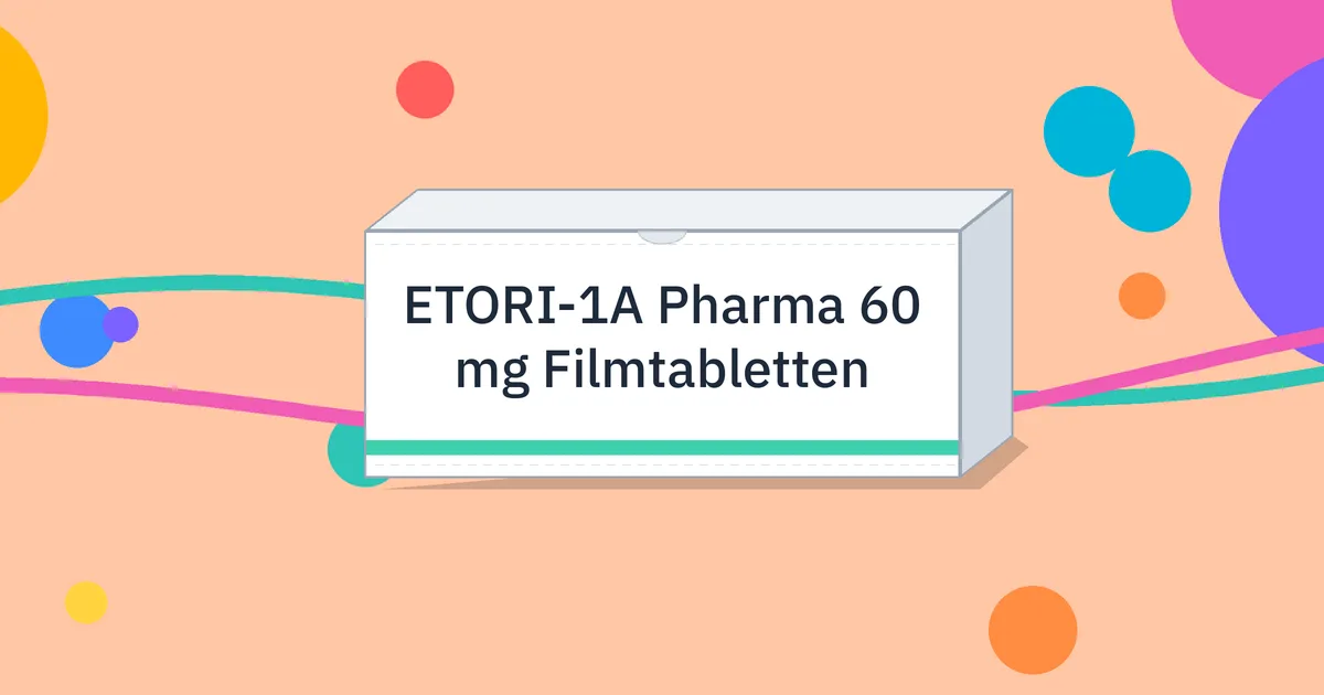 Symbolbild: Packung mit der Aufschrift ETORI-1A Pharma 60 mg Filmtabletten (PZN 12422195) – Verfügbarkeit und Bezug in Apotheken in Frankfurt am Main