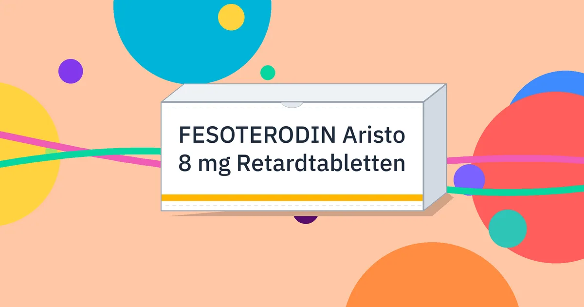 Symbolbild: Packung mit der Aufschrift FESOTERODIN Aristo 8 mg Retardtabletten (PZN 17570061) – Verfügbarkeit und Bezug in Apotheken in Frankfurt am Main