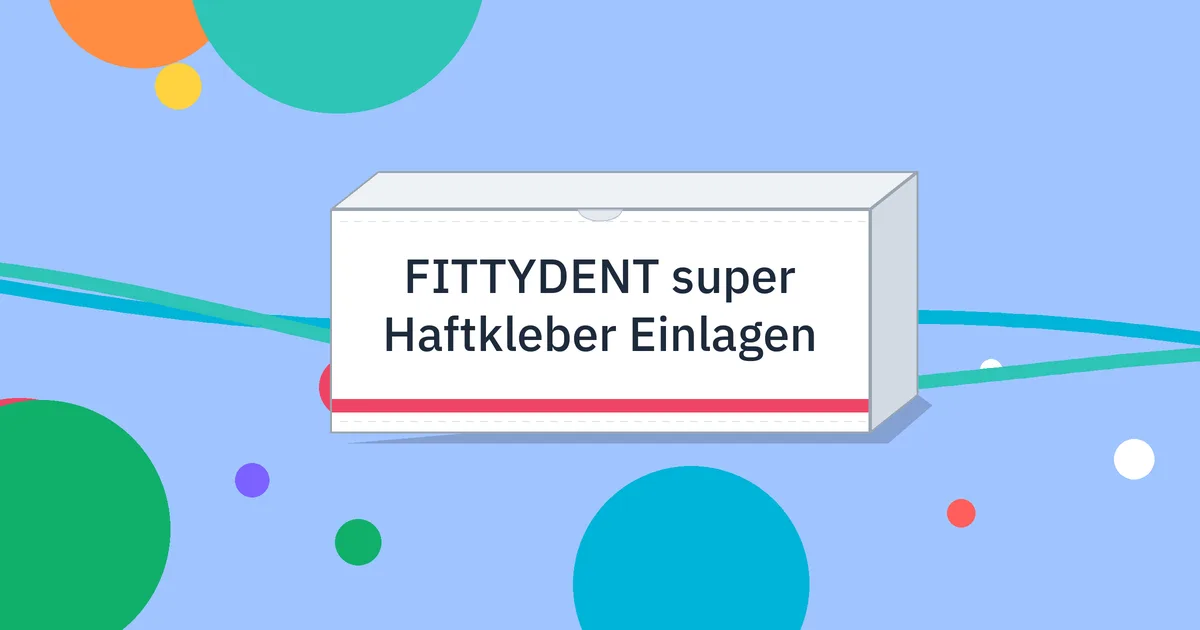 Symbolbild: Packung mit der Aufschrift FITTYDENT super Haftkleber Einlagen (PZN 00262042) – Verfügbarkeit und Bezug in Apotheken in Frankfurt am Main