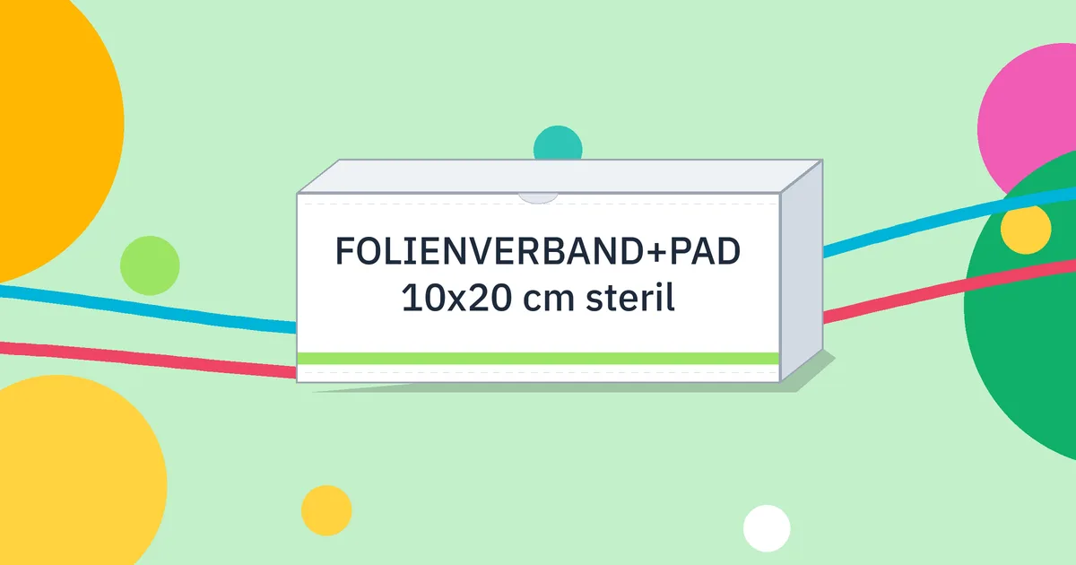 Symbolbild: Packung mit der Aufschrift FOLIENVERBAND+PAD 10x20 cm steril (PZN 17558781) – Verfügbarkeit und Bezug in Apotheken in Frankfurt am Main