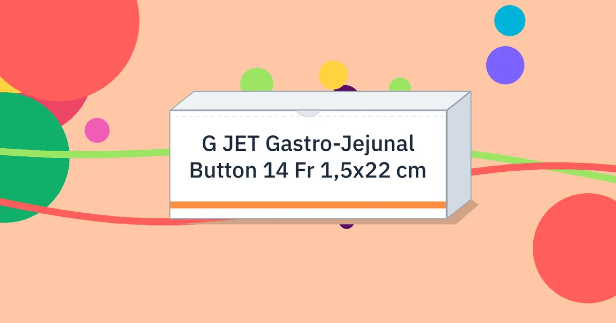 Symbolbild: Packung mit der Aufschrift G JET Gastro-Jejunal Button 14 Fr 1,5x22 cm (PZN 14346423) – Verfügbarkeit und Bezug in Apotheken in Frankfurt am Main