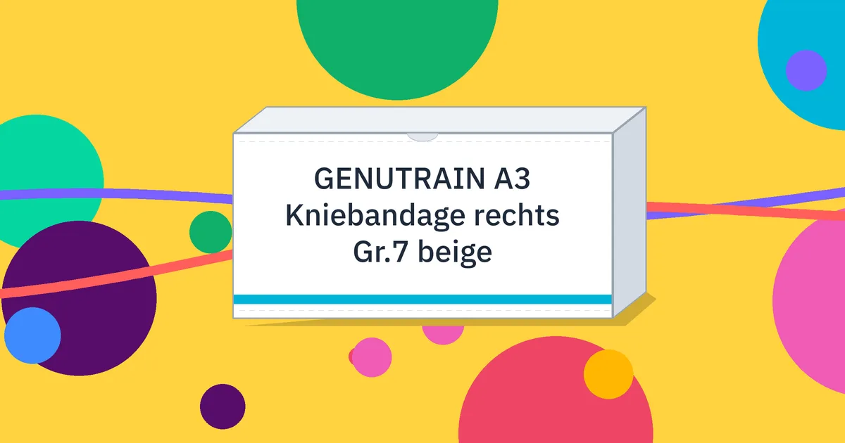 Symbolbild: Packung mit der Aufschrift GENUTRAIN A3 Kniebandage rechts Gr.7 beige (PZN 19100187) – Verfügbarkeit und Bezug in Apotheken in Frankfurt am Main