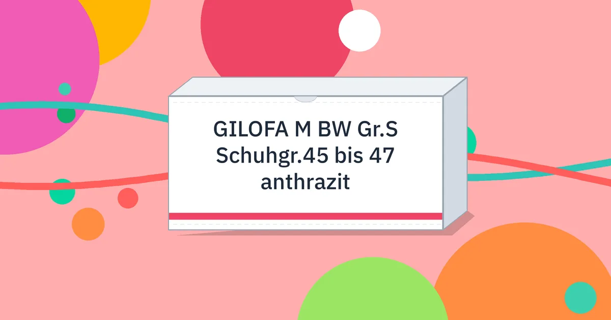 Symbolbild: Packung mit der Aufschrift GILOFA M BW Gr.S Schuhgr.45 bis 47 anthrazit (PZN 16724131) – Verfügbarkeit und Bezug in Apotheken in Frankfurt am Main