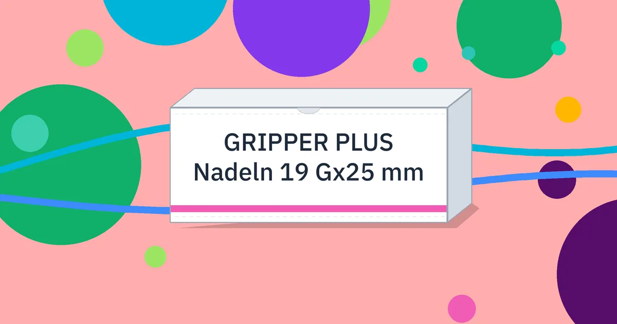 Symbolbild: Packung mit der Aufschrift GRIPPER PLUS Nadeln 19 Gx25 mm (PZN 00435844) – Verfügbarkeit und Bezug in Apotheken in Frankfurt am Main