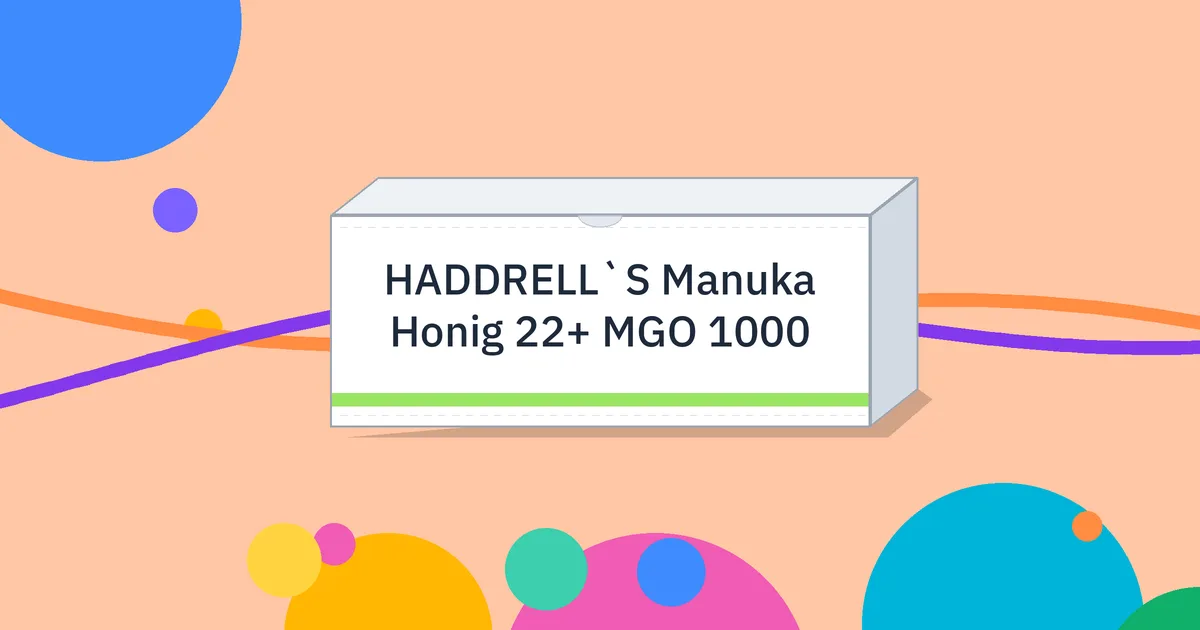 Symbolbild: Packung mit der Aufschrift HADDRELL`S Manuka Honig 22+ MGO 1000 (PZN 15871918) – Verfügbarkeit und Bezug in Apotheken in Frankfurt am Main