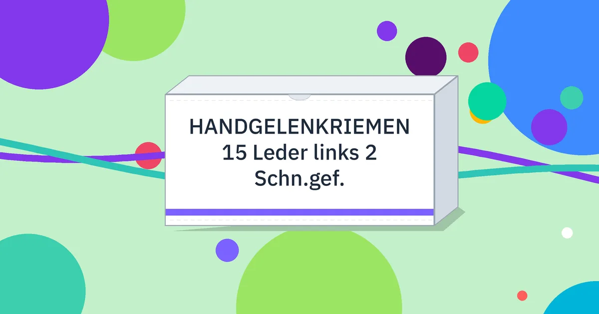Symbolbild: Packung mit der Aufschrift HANDGELENKRIEMEN 15 Leder links 2 Schn.gef. (PZN 03230344) – Verfügbarkeit und Bezug in Apotheken in Frankfurt am Main