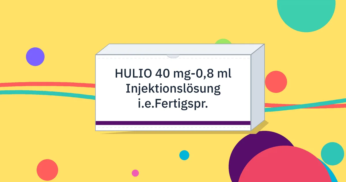 Symbolbild: Packung mit der Aufschrift HULIO 40 mg-0,8 ml Injektionslösung i.e.Fertigspr. (PZN 15617143) – Verfügbarkeit und Bezug in Apotheken in Frankfurt am Main