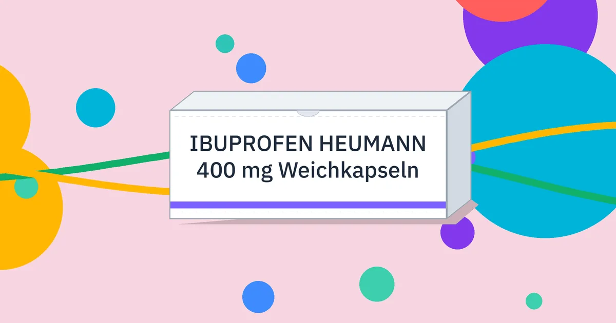 Symbolbild: Packung mit der Aufschrift IBUPROFEN HEUMANN 400 mg Weichkapseln (PZN 19455772) – Verfügbarkeit und Bezug in Apotheken in Frankfurt am Main