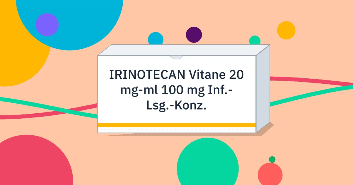 Symbolbild: Packung mit der Aufschrift IRINOTECAN Vitane 20 mg-ml 100 mg Inf.-Lsg.-Konz. (PZN 10525873) – Verfügbarkeit und Bezug in Apotheken in Frankfurt am Main