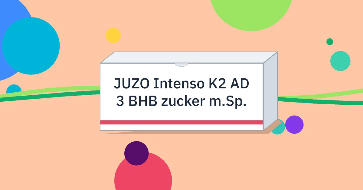 Symbolbild: Packung mit der Aufschrift JUZO Intenso K2 AD 3 BHB zucker m.Sp. (PZN 18613097) – Verfügbarkeit und Bezug in Apotheken in Frankfurt am Main