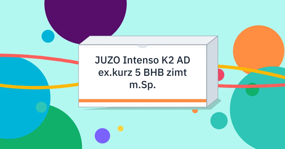 Symbolbild: Packung mit der Aufschrift JUZO Intenso K2 AD ex.kurz 5 BHB zimt m.Sp. (PZN 18615021) – Verfügbarkeit und Bezug in Apotheken in Frankfurt am Main