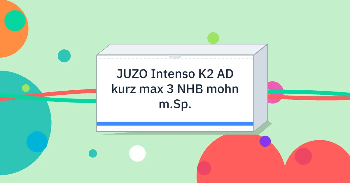 Symbolbild: Packung mit der Aufschrift JUZO Intenso K2 AD kurz max 3 NHB mohn m.Sp. (PZN 18612382) – Verfügbarkeit und Bezug in Apotheken in Frankfurt am Main