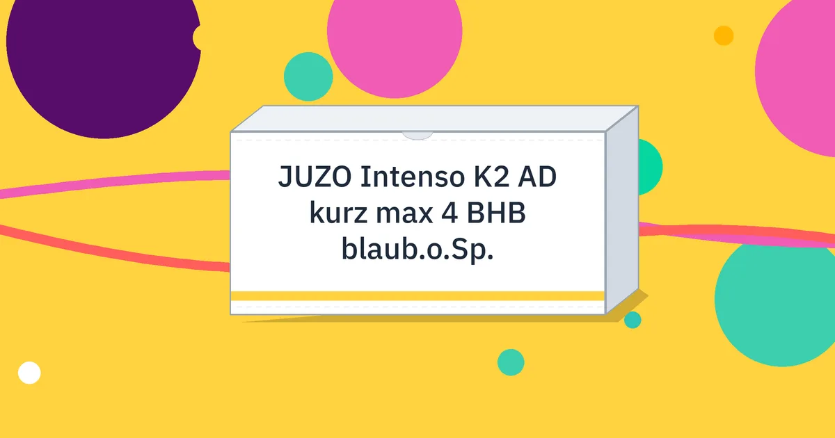 Symbolbild: Packung mit der Aufschrift JUZO Intenso K2 AD kurz max 4 BHB blaub.o.Sp. (PZN 18626289) – Verfügbarkeit und Bezug in Apotheken in Frankfurt am Main