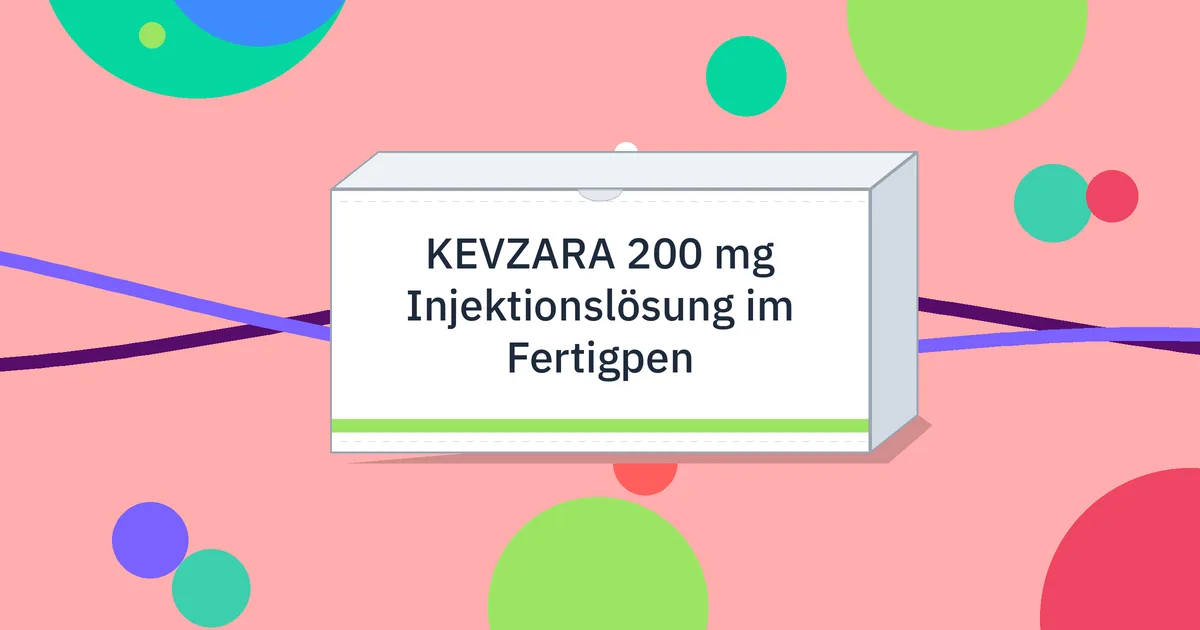 Symbolbild: Packung mit der Aufschrift KEVZARA 200 mg Injektionslösung im Fertigpen (PZN 12727210) – Verfügbarkeit und Bezug in Apotheken in Frankfurt am Main