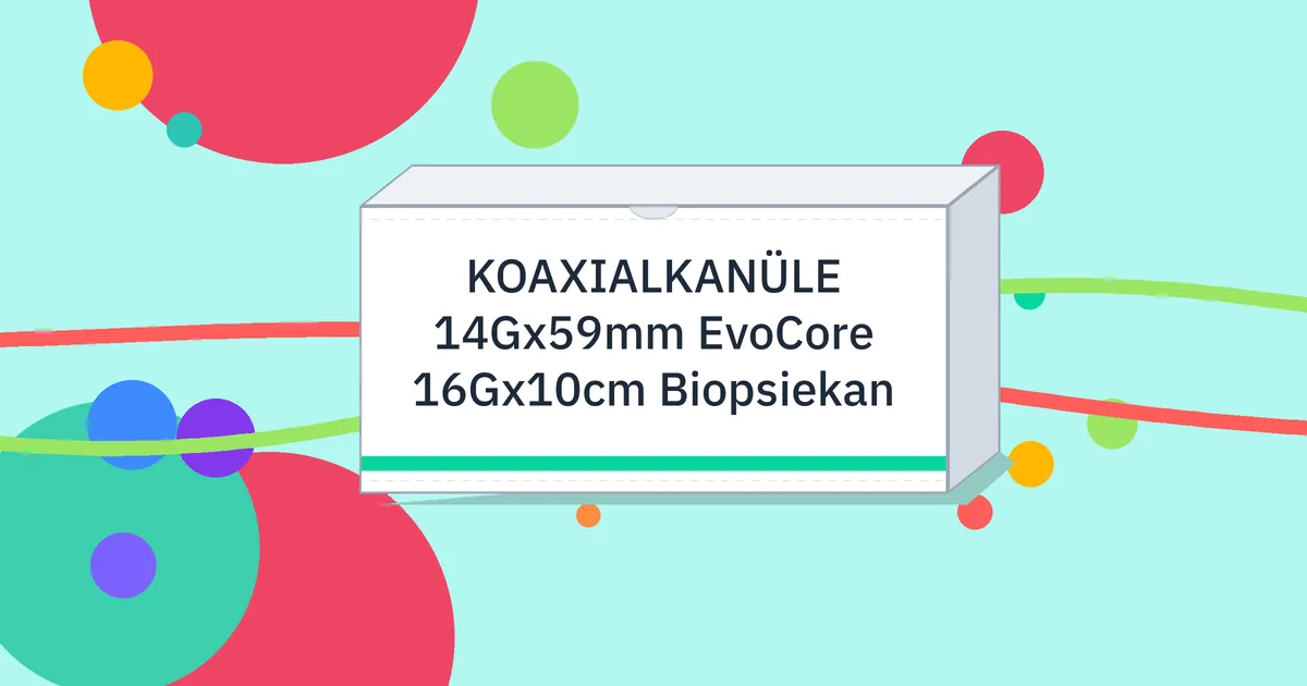 Symbolbild: Packung mit der Aufschrift KOAXIALKANÜLE 14Gx59mm EvoCore 16Gx10cm Biopsiekan (PZN 11059321) – Verfügbarkeit und Bezug in Apotheken in Frankfurt am Main