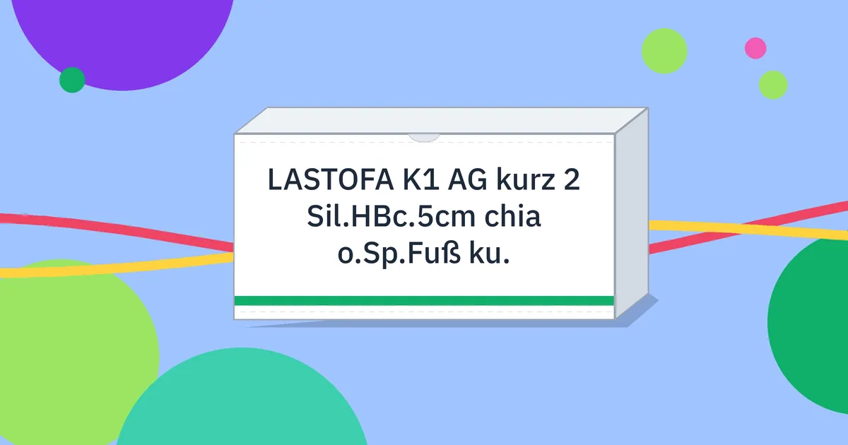 Symbolbild: Packung mit der Aufschrift LASTOFA K1 AG kurz 2 Sil.HBc.5cm chia o.Sp.Fuß ku. (PZN 13789650) – Verfügbarkeit und Bezug in Apotheken in Frankfurt am Main