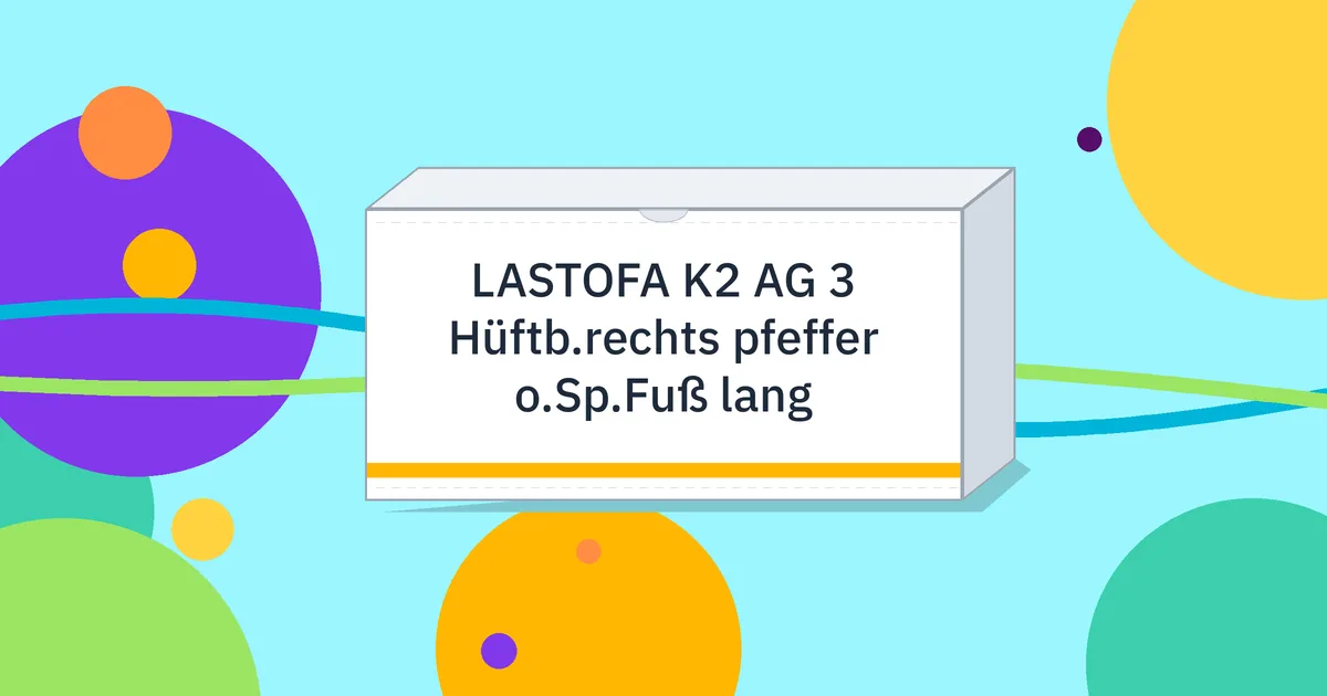 Symbolbild: Packung mit der Aufschrift LASTOFA K2 AG 3 Hüftb.rechts pfeffer o.Sp.Fuß lang (PZN 14152386) – Verfügbarkeit und Bezug in Apotheken in Frankfurt am Main
