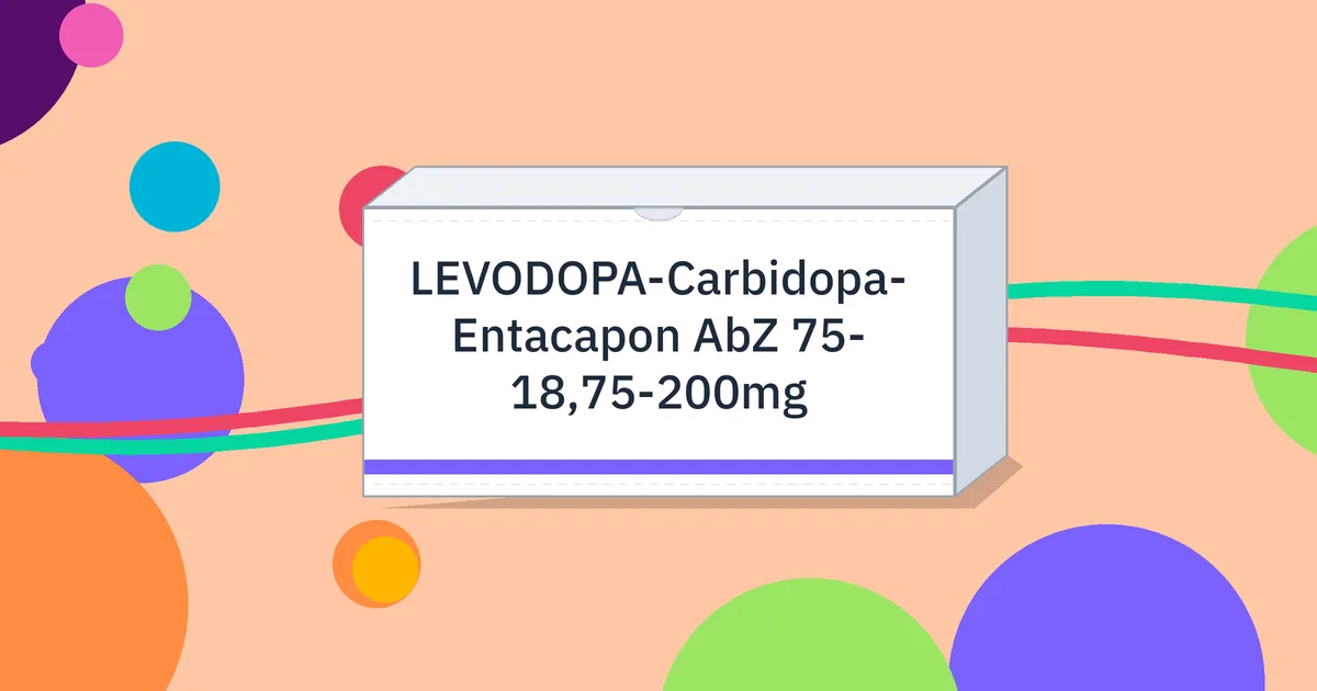 Symbolbild: Packung mit der Aufschrift LEVODOPA-Carbidopa-Entacapon AbZ 75-18,75-200mg (PZN 10712871) – Verfügbarkeit und Bezug in Apotheken in Frankfurt am Main