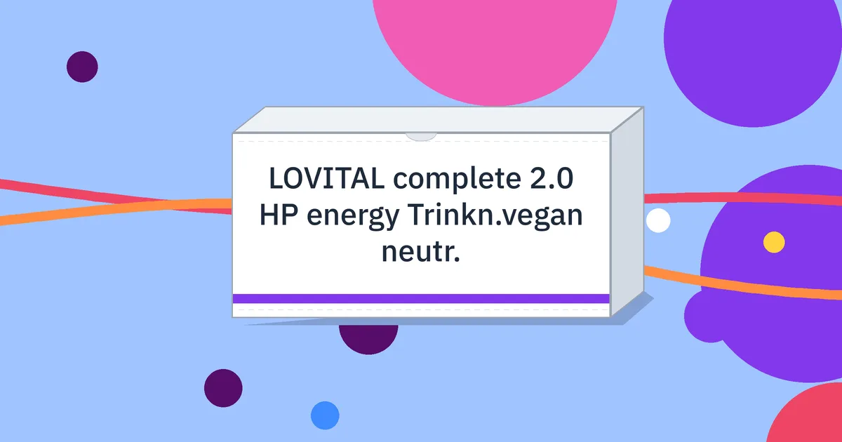 Symbolbild: Packung mit der Aufschrift LOVITAL complete 2.0 HP energy Trinkn.vegan neutr. (PZN 19442605) – Verfügbarkeit und Bezug in Apotheken in Frankfurt am Main