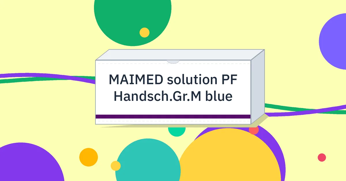 Symbolbild: Packung mit der Aufschrift MAIMED solution PF Handsch.Gr.M blue (PZN 07764887) – Verfügbarkeit und Bezug in Apotheken in Frankfurt am Main