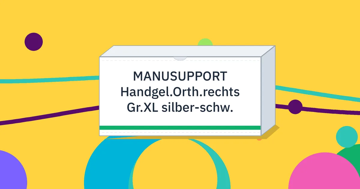 Symbolbild: Packung mit der Aufschrift MANUSUPPORT Handgel.Orth.rechts Gr.XL silber-schw. (PZN 11097014) – Verfügbarkeit und Bezug in Apotheken in Frankfurt am Main