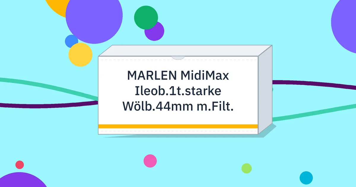 Symbolbild: Packung mit der Aufschrift MARLEN MidiMax Ileob.1t.starke Wölb.44mm m.Filt. (PZN 16658351) – Verfügbarkeit und Bezug in Apotheken in Frankfurt am Main