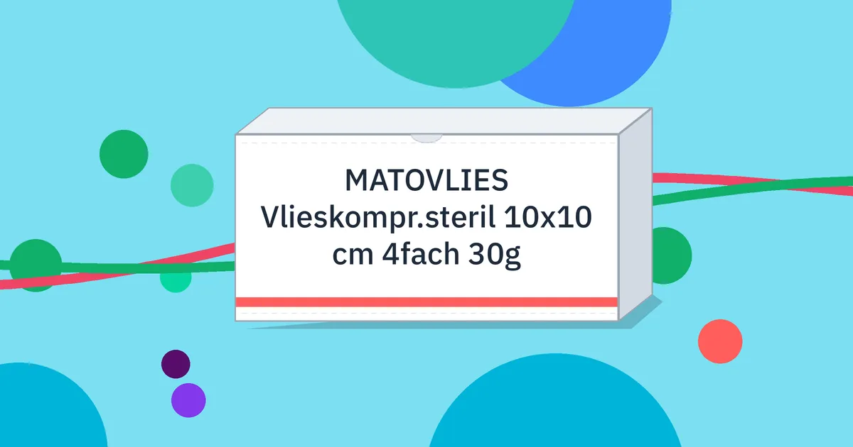 Symbolbild: Packung mit der Aufschrift MATOVLIES Vlieskompr.steril 10x10 cm 4fach 30g (PZN 00589955) – Verfügbarkeit und Bezug in Apotheken in Frankfurt am Main