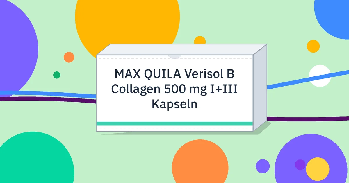 Symbolbild: Packung mit der Aufschrift MAX QUILA Verisol B Collagen 500 mg I+III Kapseln (PZN 19713866) – Verfügbarkeit und Bezug in Apotheken in Frankfurt am Main