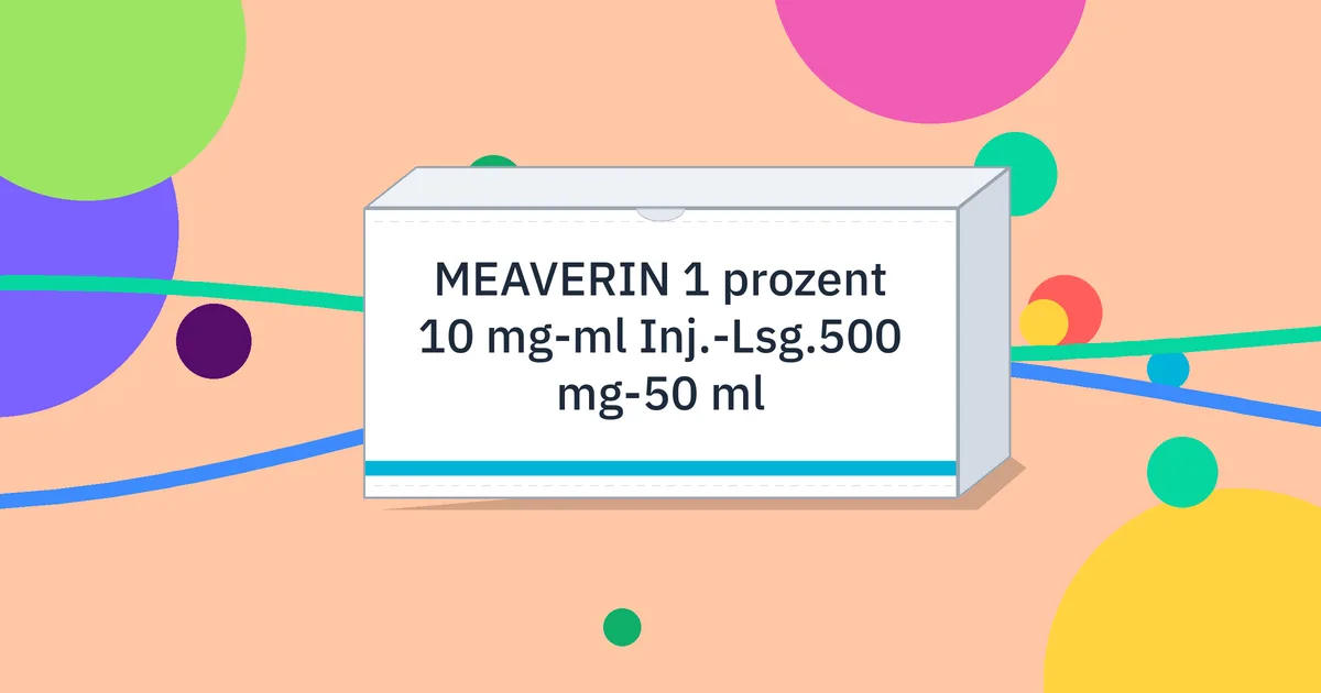 Symbolbild: Packung mit der Aufschrift MEAVERIN 1 prozent 10 mg-ml Inj.-Lsg.500 mg-50 ml (PZN 11101419) – Verfügbarkeit und Bezug in Apotheken in Frankfurt am Main
