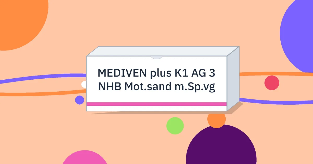 Symbolbild: Packung mit der Aufschrift MEDIVEN plus K1 AG 3 NHB Mot.sand m.Sp.vg (PZN 18940620) – Verfügbarkeit und Bezug in Apotheken in Frankfurt am Main
