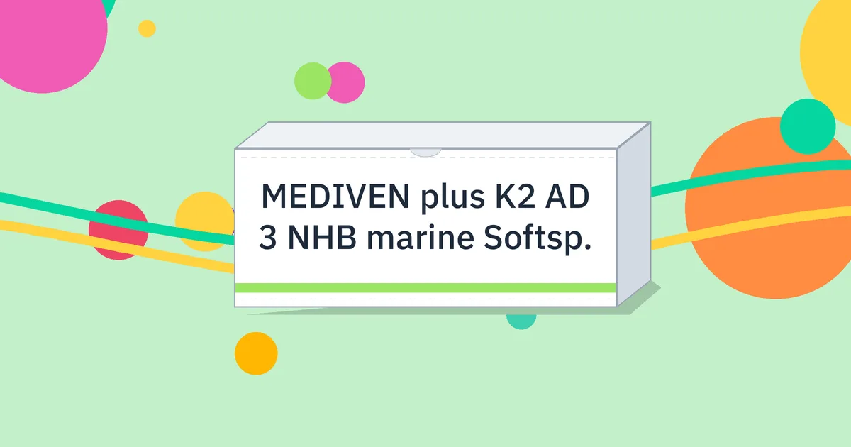 Symbolbild: Packung mit der Aufschrift MEDIVEN plus K2 AD 3 NHB marine Softsp. (PZN 15937563) – Verfügbarkeit und Bezug in Apotheken in Frankfurt am Main