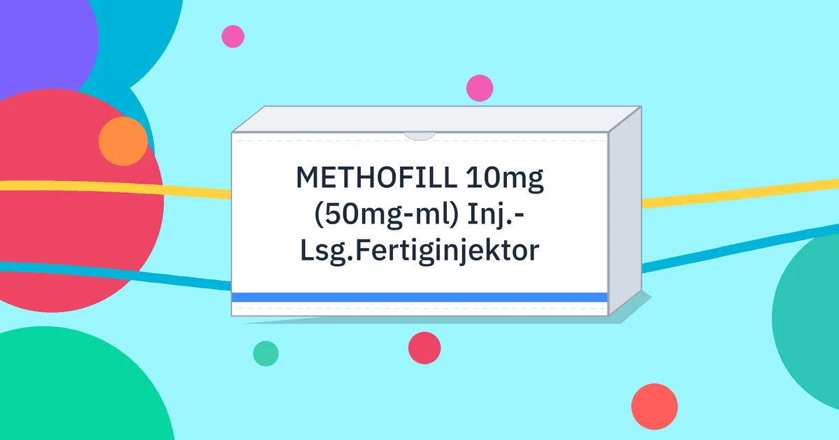 Symbolbild: Packung mit der Aufschrift METHOFILL 10mg (50mg-ml) Inj.-Lsg.Fertiginjektor (PZN 18660731) – Verfügbarkeit und Bezug in Apotheken in Frankfurt am Main