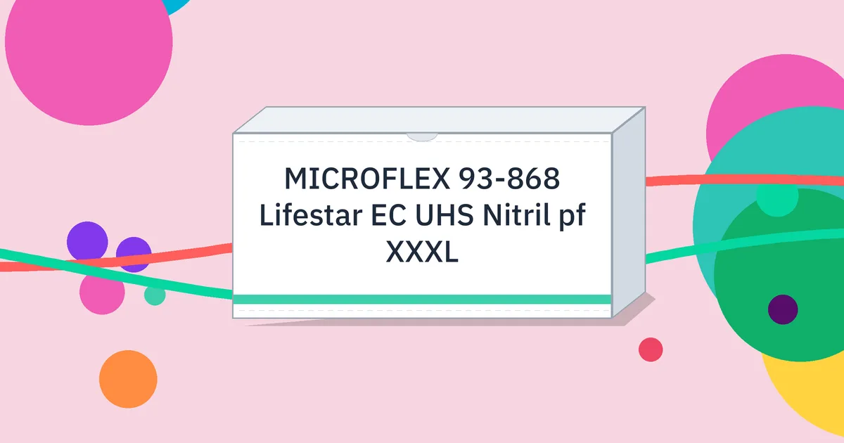 Symbolbild: Packung mit der Aufschrift MICROFLEX 93-868 Lifestar EC UHS Nitril pf XXXL (PZN 18394956) – Verfügbarkeit und Bezug in Apotheken in Frankfurt am Main