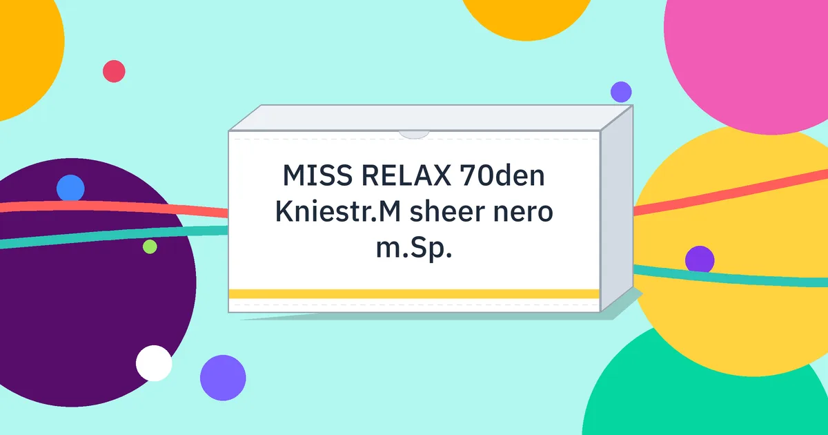 Symbolbild: Packung mit der Aufschrift MISS RELAX 70den Kniestr.M sheer nero m.Sp. (PZN 04274450) – Verfügbarkeit und Bezug in Apotheken in Frankfurt am Main