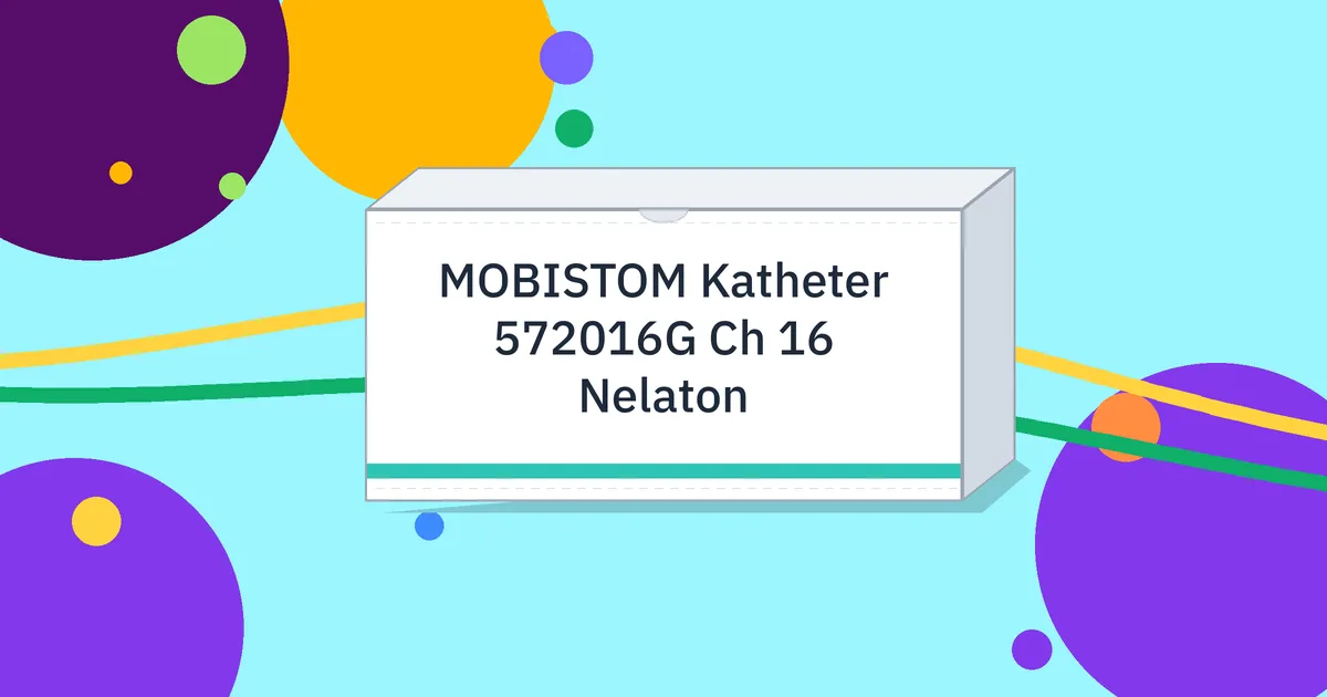 Symbolbild: Packung mit der Aufschrift MOBISTOM Katheter 572016G Ch 16 Nelaton (PZN 11529063) – Verfügbarkeit und Bezug in Apotheken in Frankfurt am Main