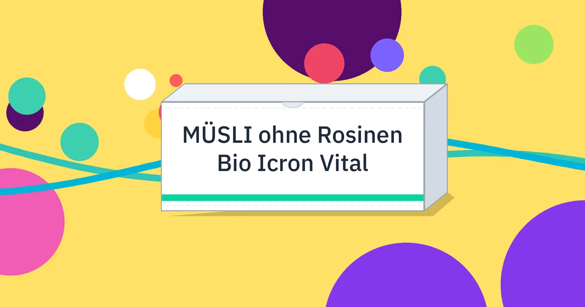 Symbolbild: Packung mit der Aufschrift MÜSLI ohne Rosinen Bio Icron Vital (PZN 01911560) – Verfügbarkeit und Bezug in Apotheken in Frankfurt am Main