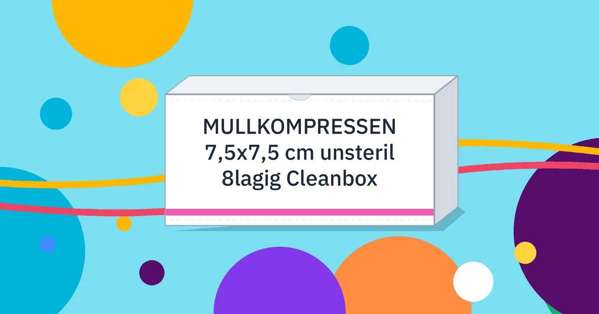 Symbolbild: Packung mit der Aufschrift MULLKOMPRESSEN 7,5x7,5 cm unsteril 8lagig Cleanbox (PZN 17563150) – Verfügbarkeit und Bezug in Apotheken in Frankfurt am Main
