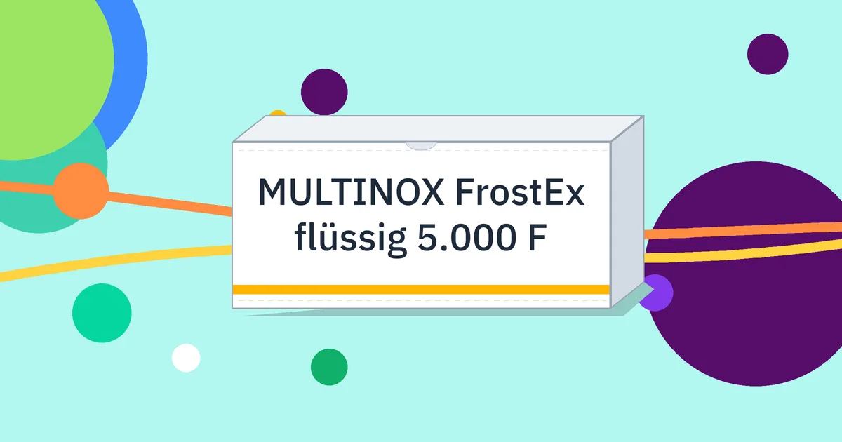 Symbolbild: Packung mit der Aufschrift MULTINOX FrostEx flüssig 5.000 F (PZN 15397061) – Verfügbarkeit und Bezug in Apotheken in Frankfurt am Main