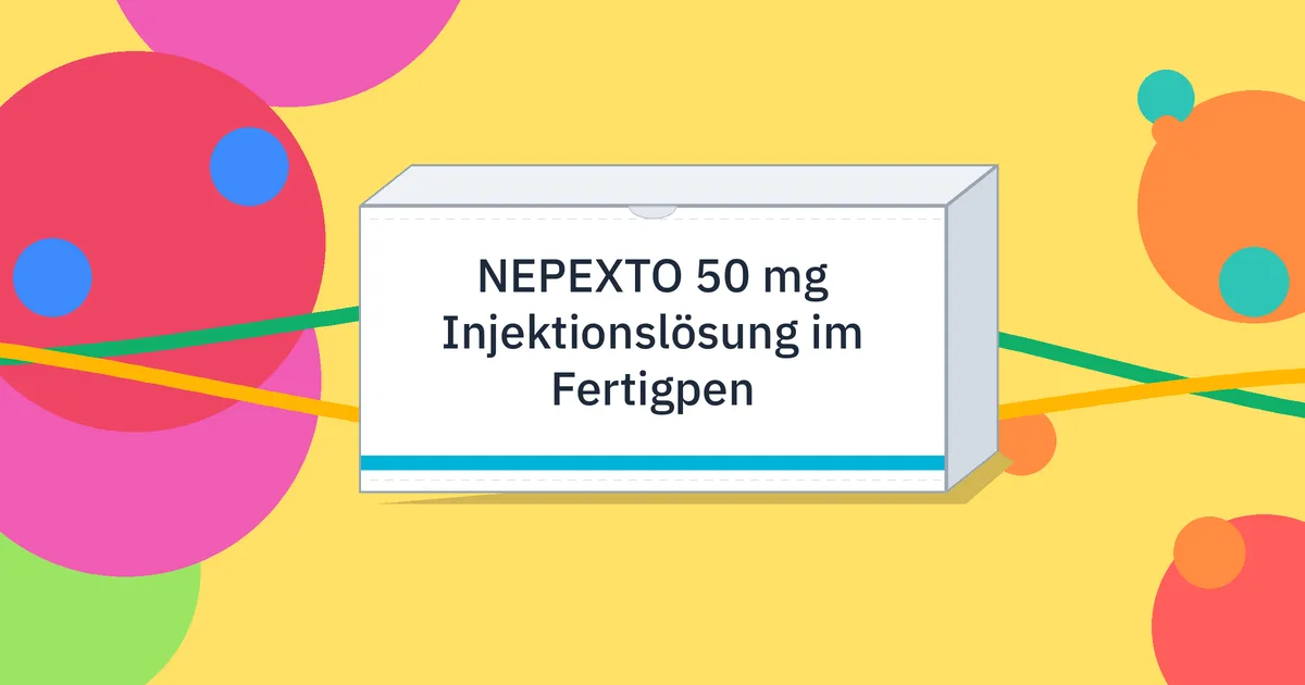 Symbolbild: Packung mit der Aufschrift NEPEXTO 50 mg Injektionslösung im Fertigpen (PZN 17518818) – Verfügbarkeit und Bezug in Apotheken in Frankfurt am Main