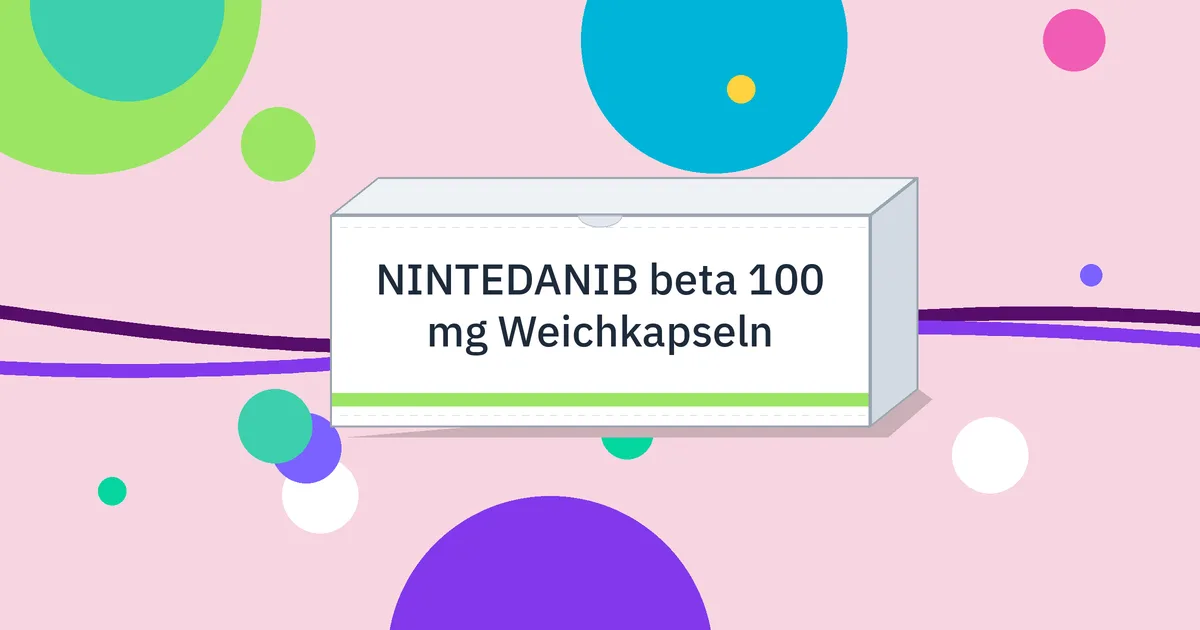 Symbolbild: Packung mit der Aufschrift NINTEDANIB beta 100 mg Weichkapseln (PZN 19961423) – Verfügbarkeit und Bezug in Apotheken in Frankfurt am Main